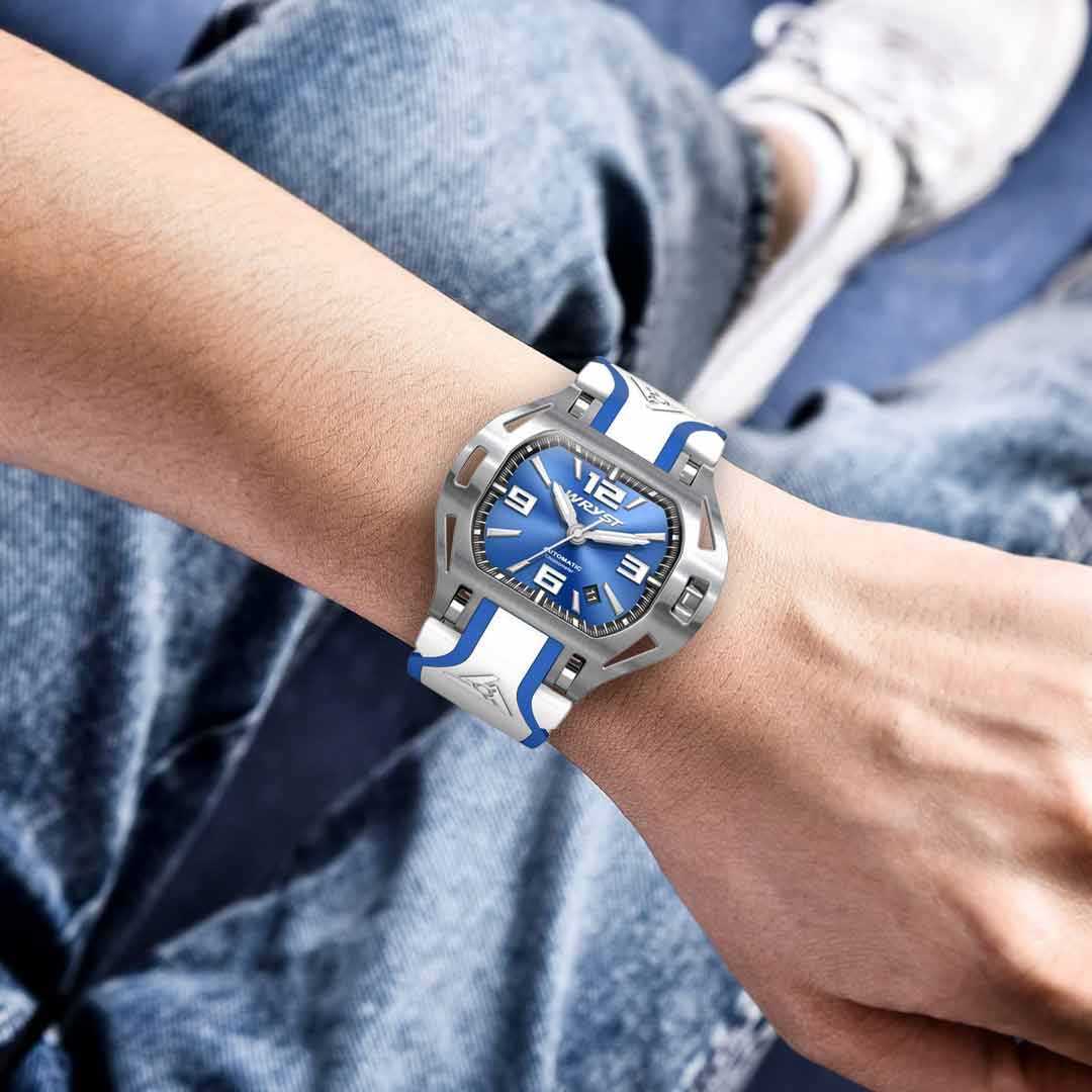 Montre automatique bleue homme SX7 Bracelet blanc et bleu